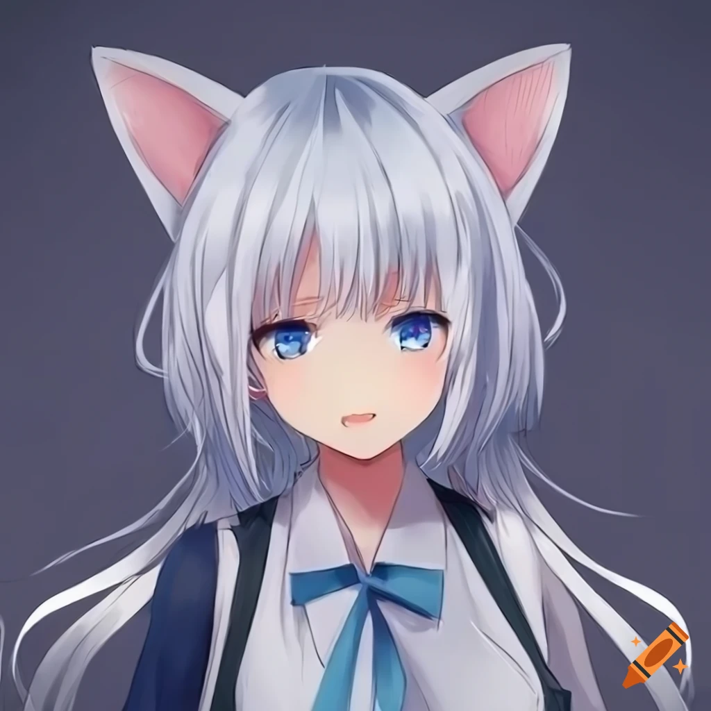 Anime Girl With Blue Eyes White Hair And Cat Ears On Craiyon