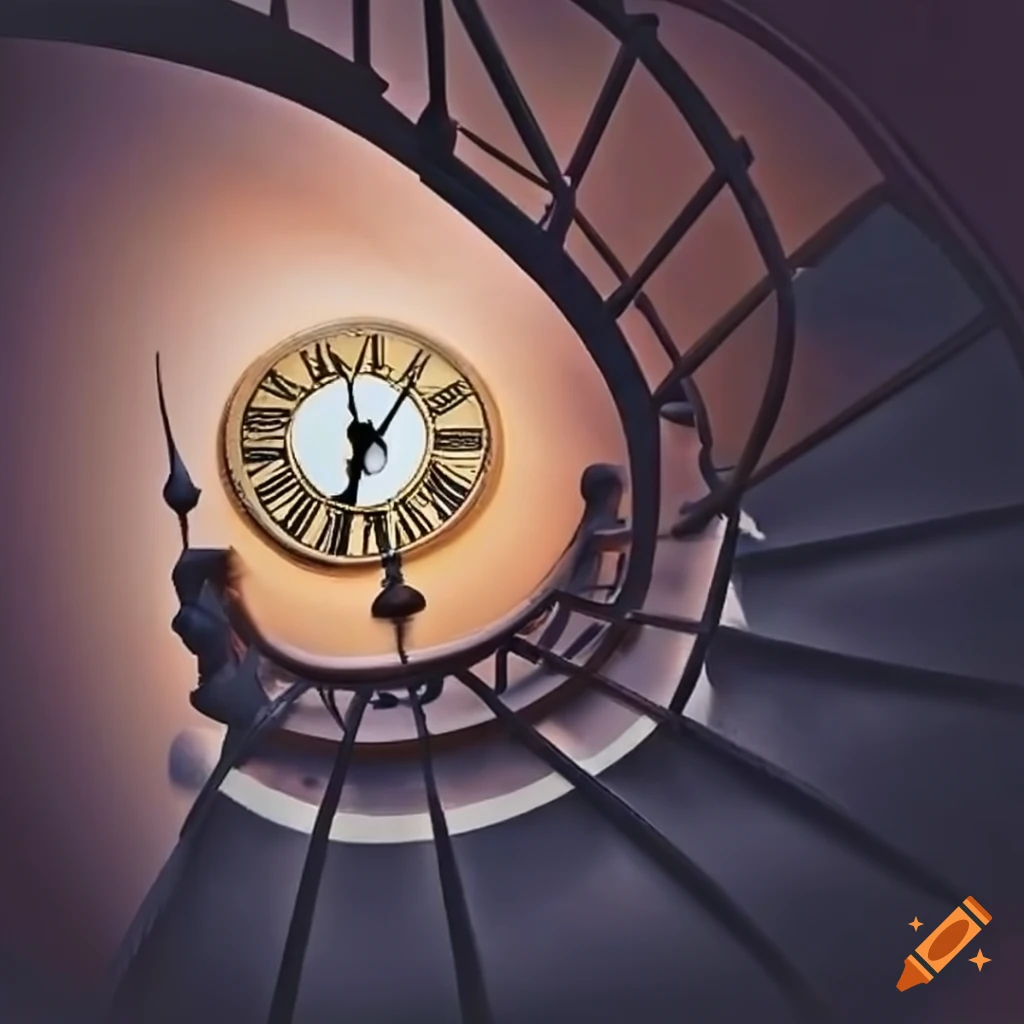 Spiral staircase intertwined with a clock on Craiyon
