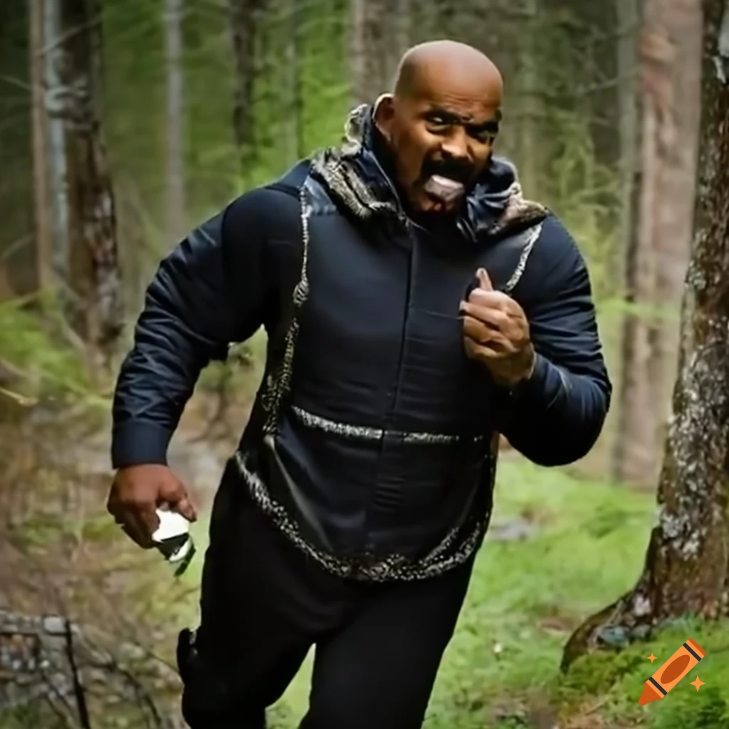 Steve harvey running from a bear in trail camera quality on Craiyon