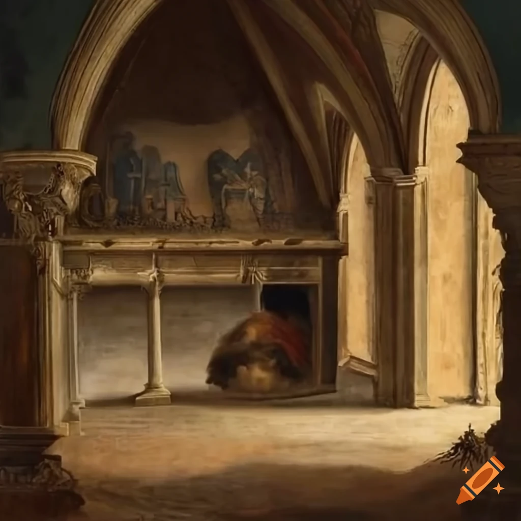 Castle hall of the House de Lusignan in the medieval winter with a ...