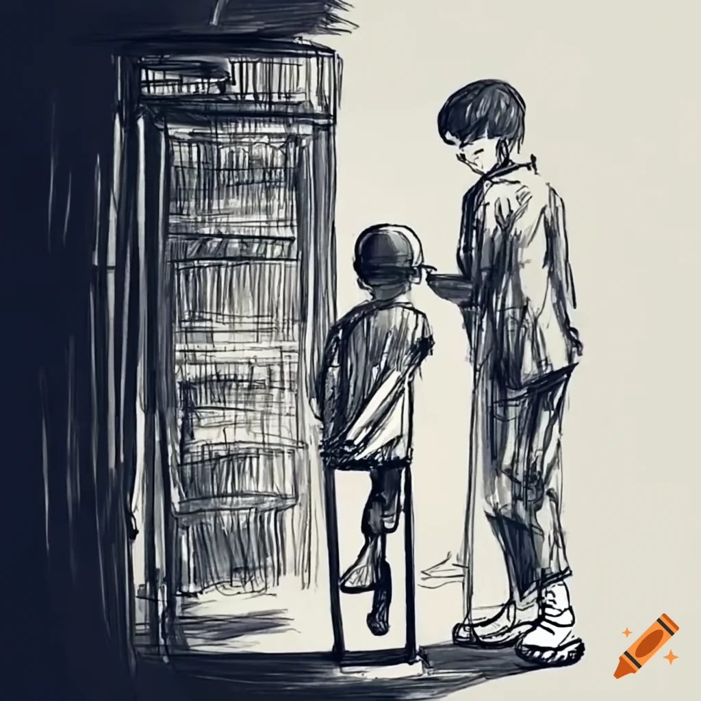 Boy at bus stop looking at another boy walking with crutches on Craiyon