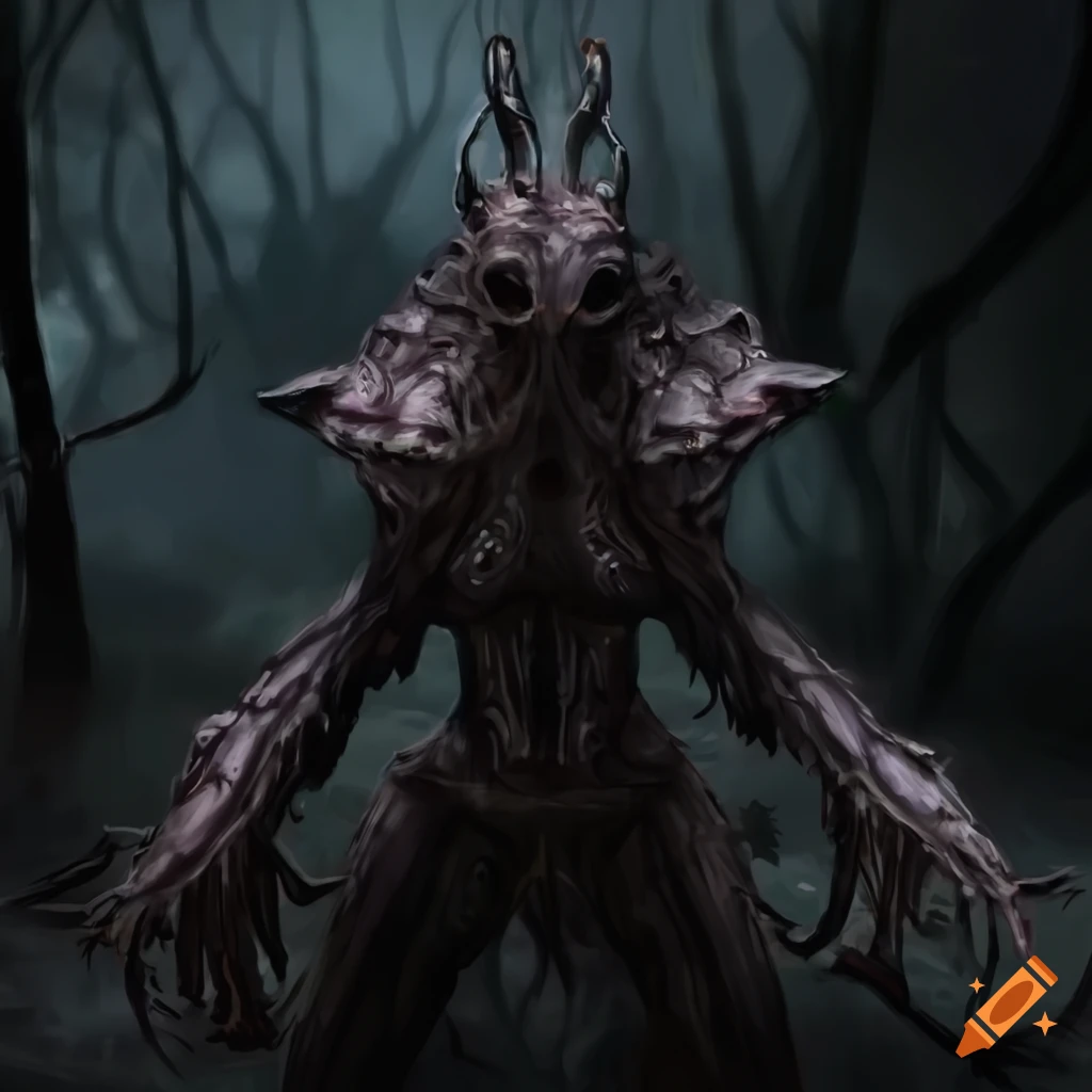 Armored alien praying mantis in a dark forest with a realistic art ...