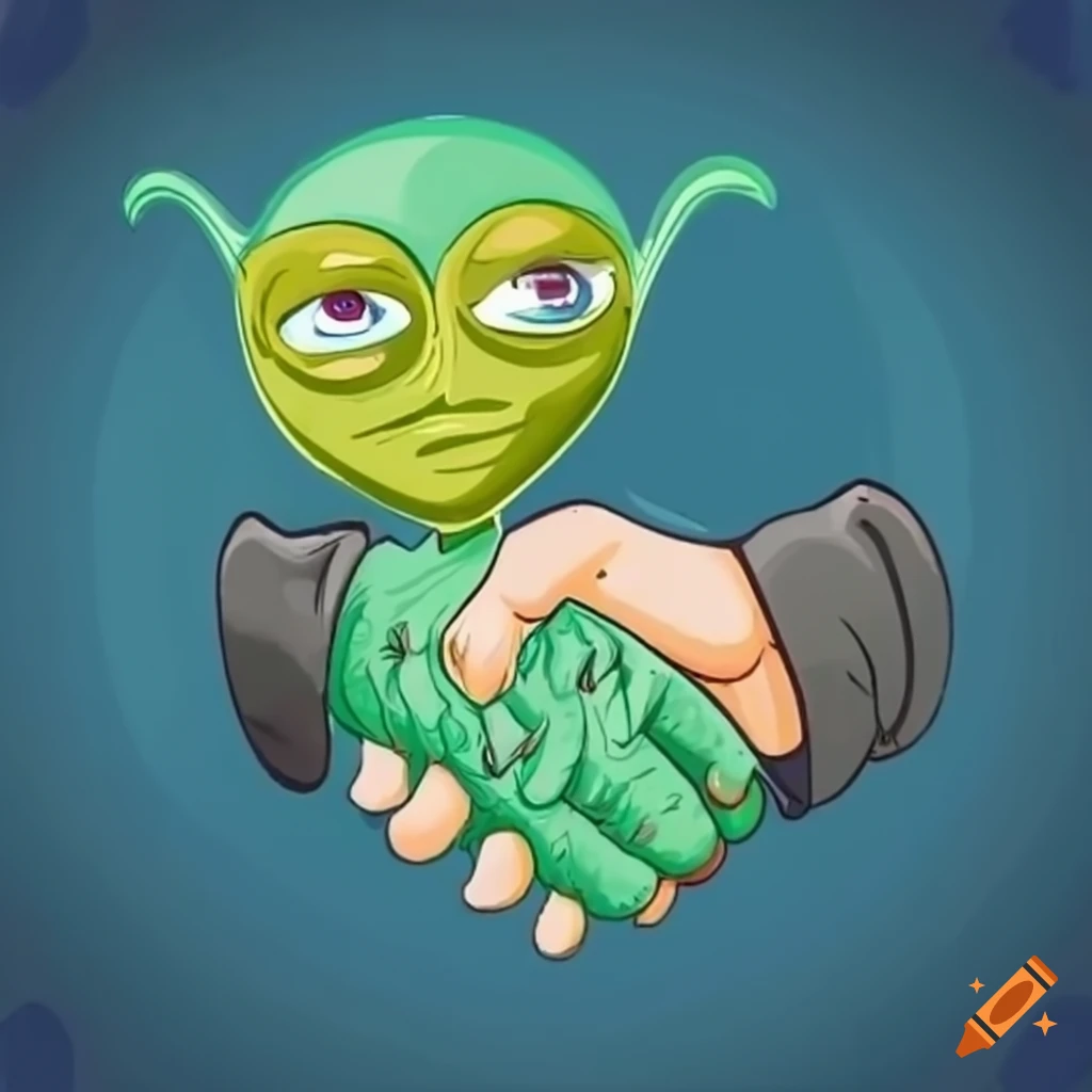 Cartoon style close up of two aliens shaking hands on Craiyon