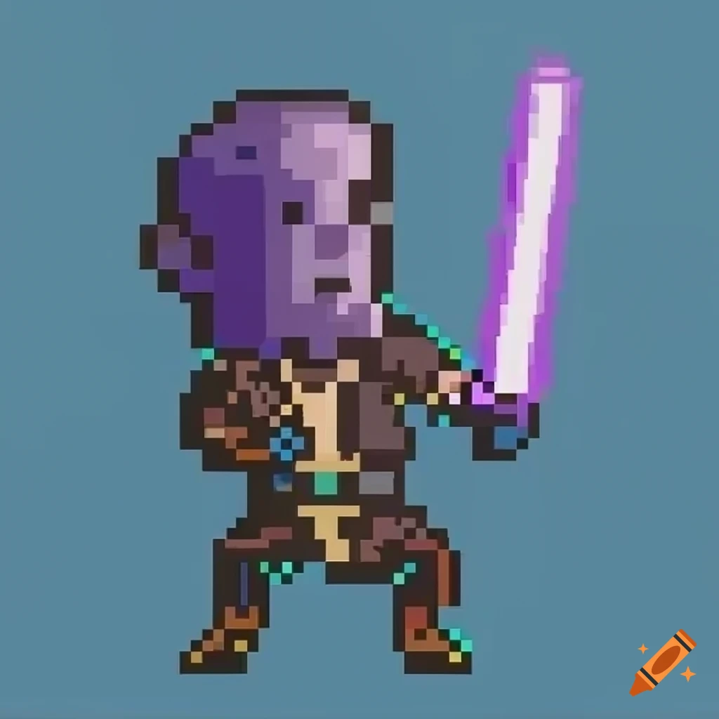 32-bit pixel art jedi character wielding a purple lightsaber on Craiyon