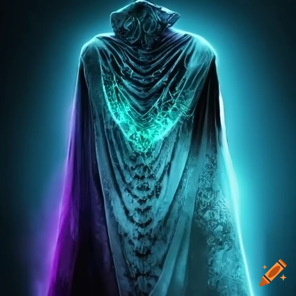Cloak made of scales with a magical aura and musical symbols on Craiyon