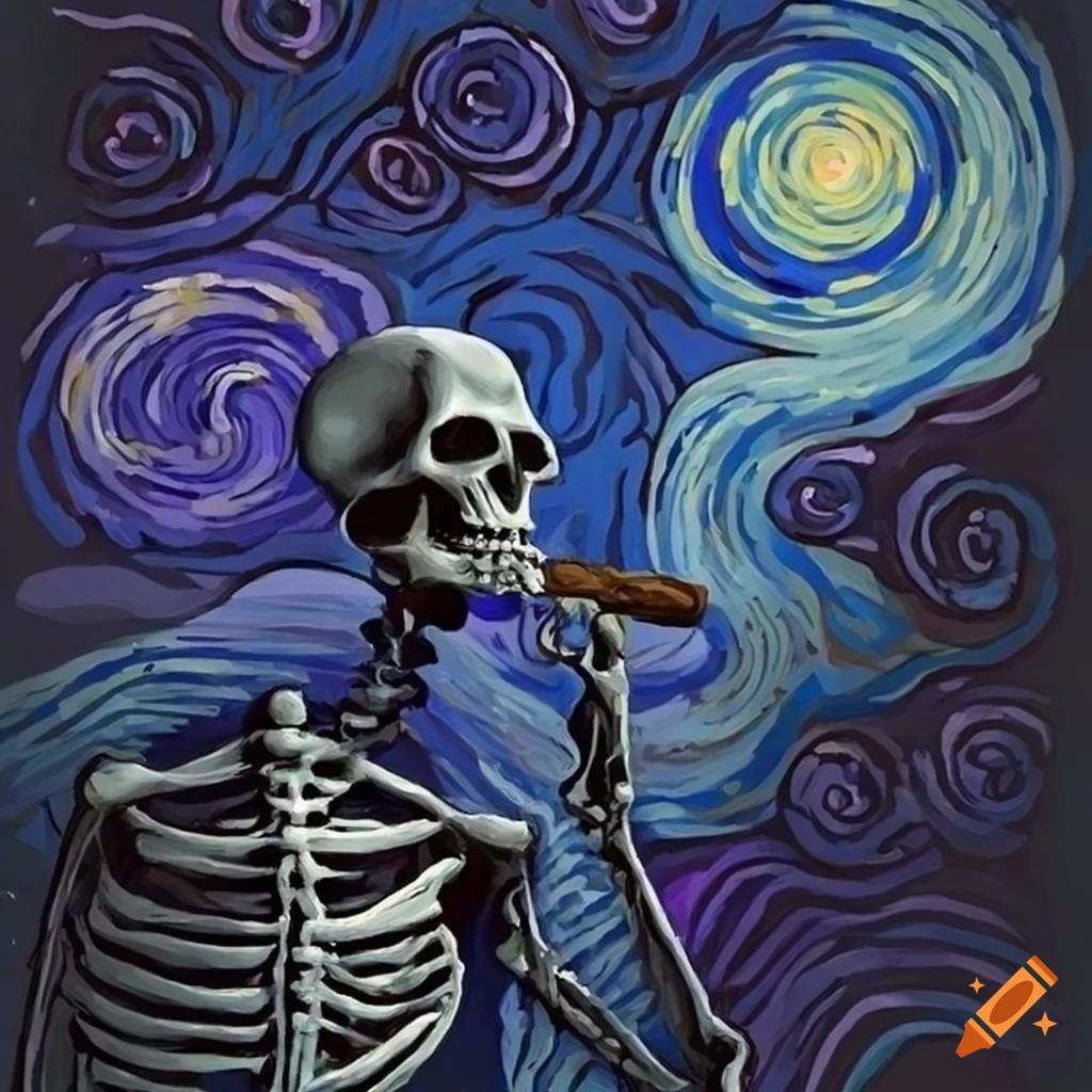 Skeleton smoking a cigar in a starry night style on Craiyon