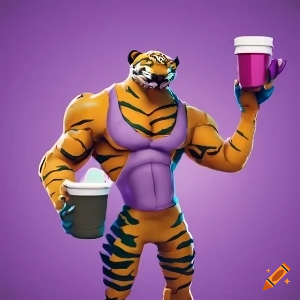 Tiger humanoid holding a purple juice cup in Fortnite style on Craiyon