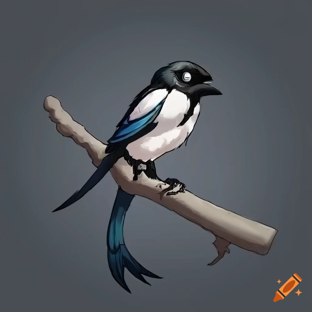Chibi magpie perched on a branch in soft steel art for 2D video games ...