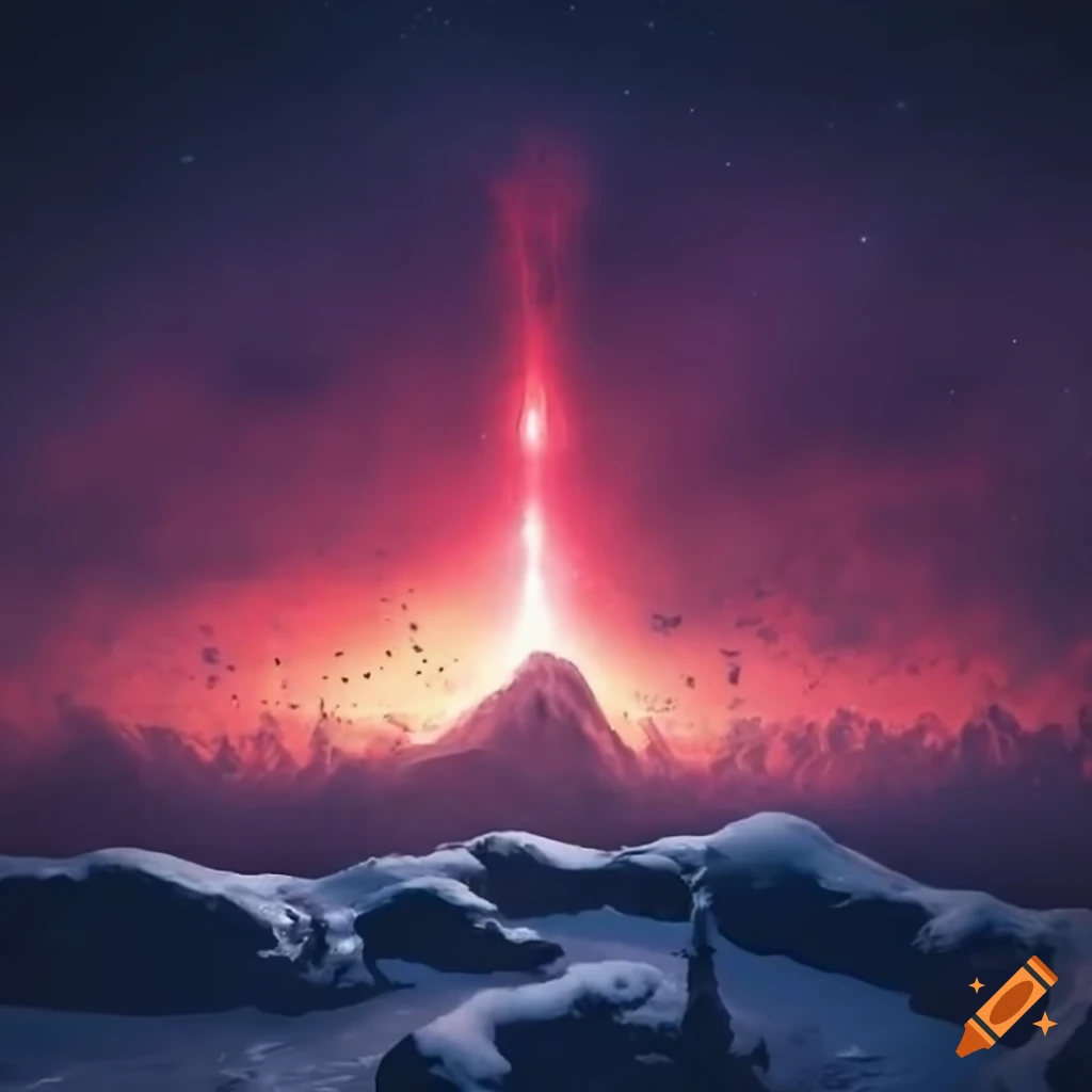 Desolate snowy land with a red asteroid falling down on Craiyon