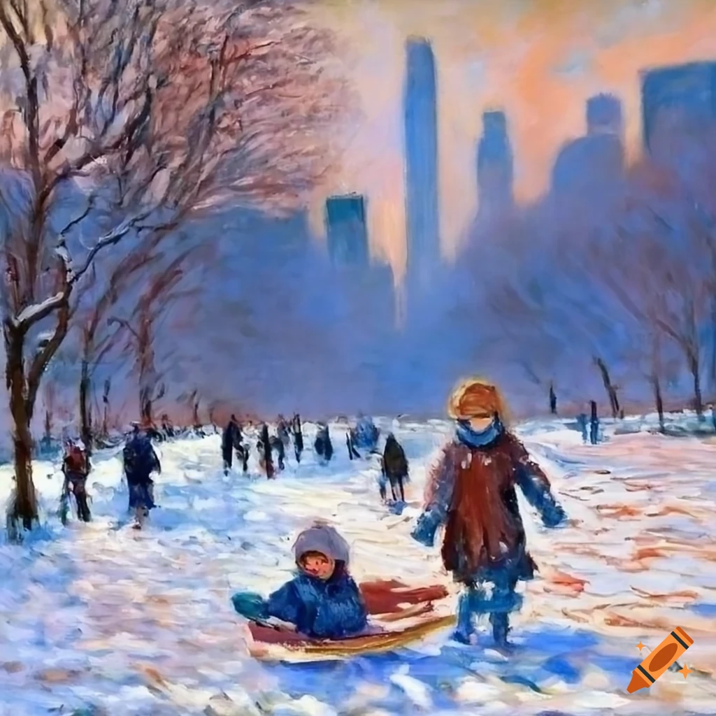 Children sledding in the snow in central park, new york - impressionist ...