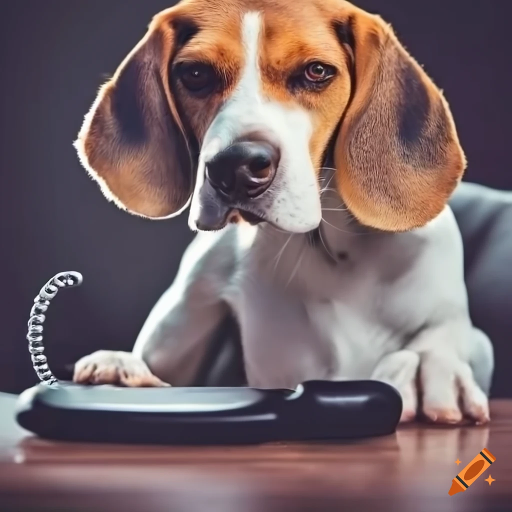 Curious beagle concentrating on a black telephone on a desk on Craiyon