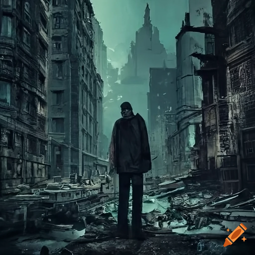 Man standing in a decaying city on Craiyon