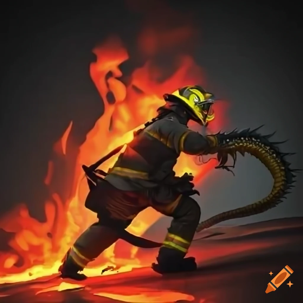 Firefighter battling a dragon on Craiyon