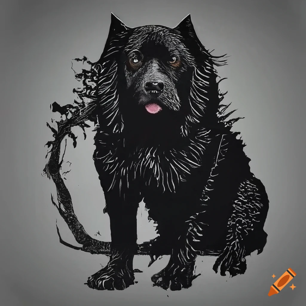 Large ebony dog for black and white linoleum block print artwork on Craiyon