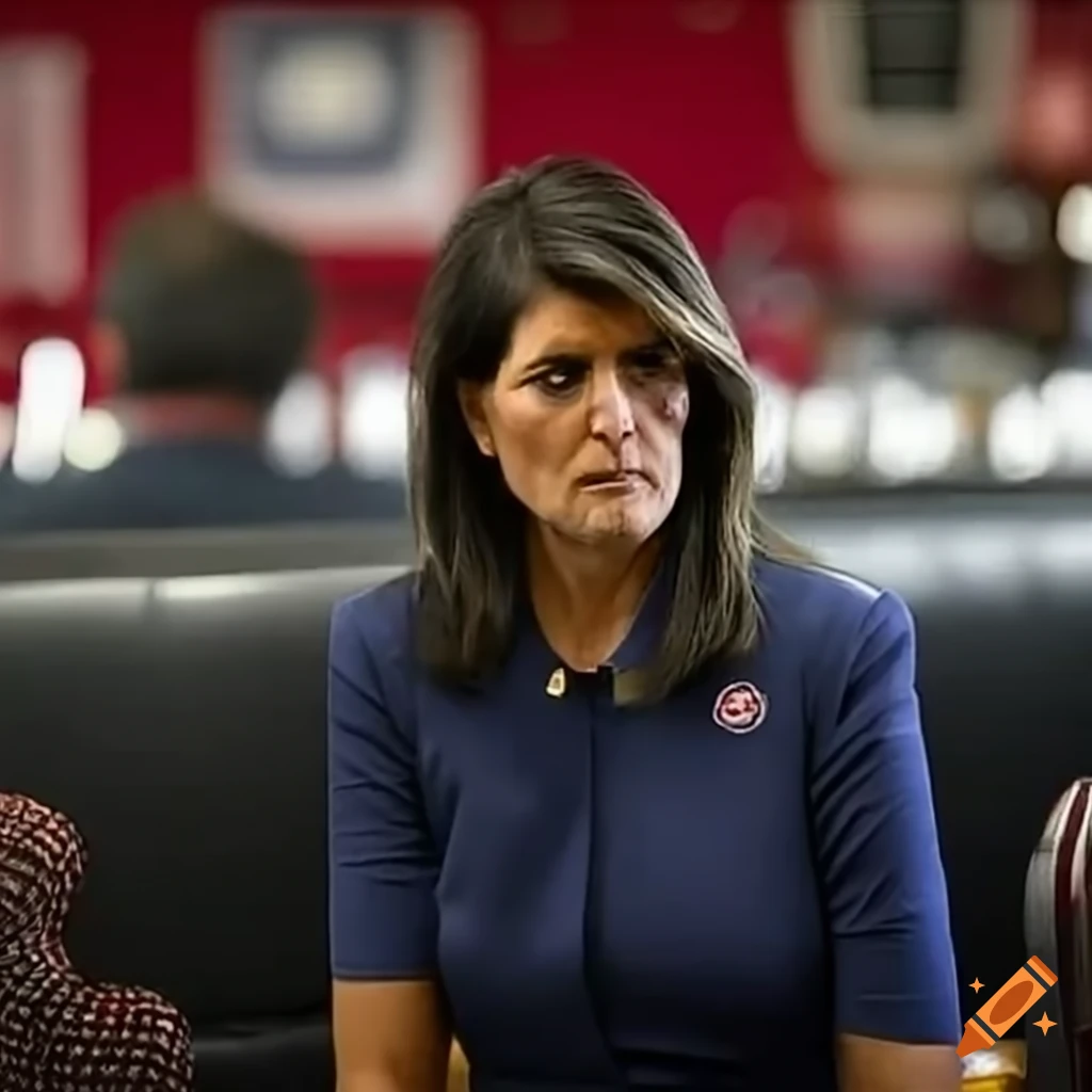 Nikki Haley looking upset and emotional in a New Hampshire diner on Craiyon