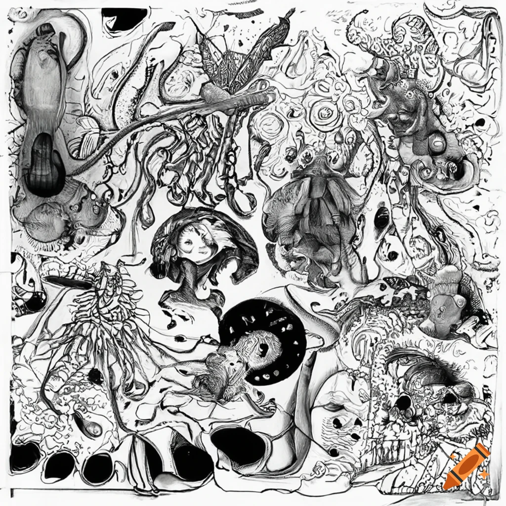 Joe Fenton drawing of surrealistic black and white microcosm with ...