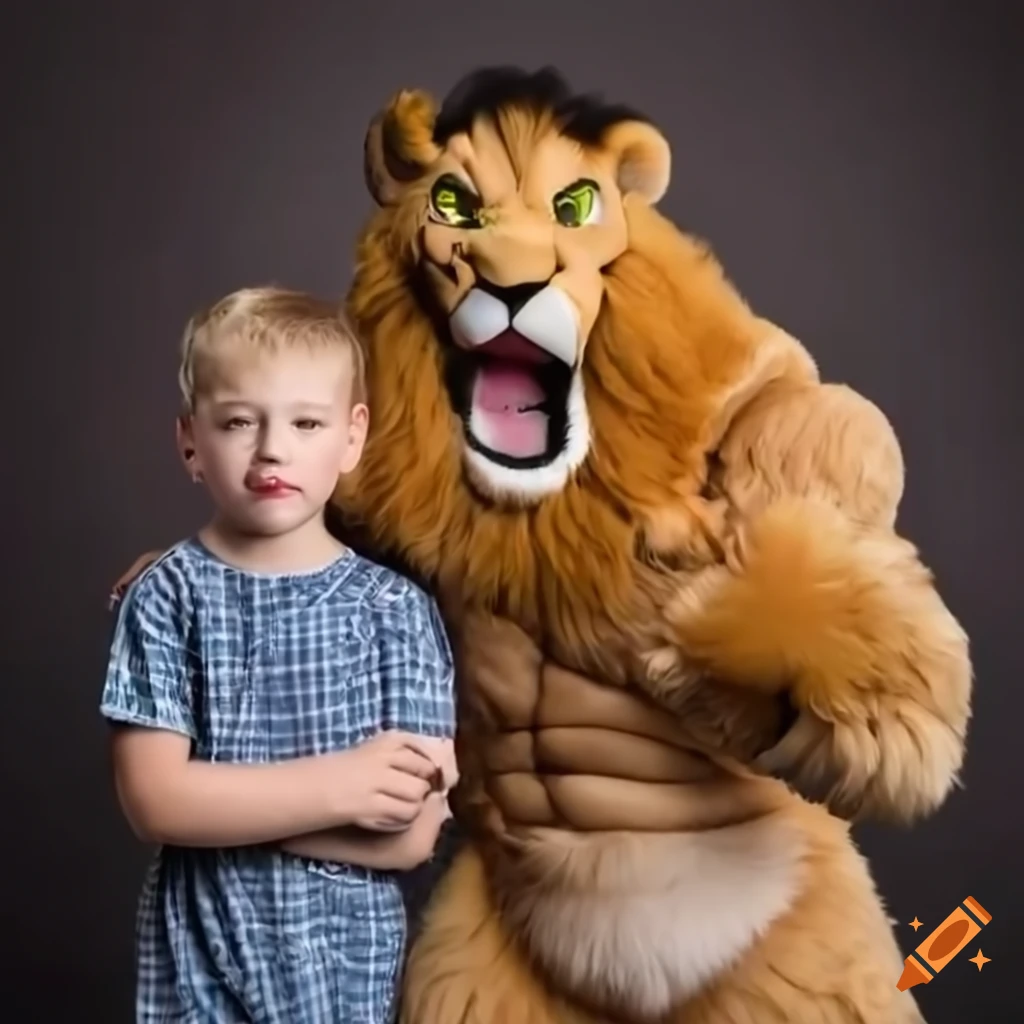 Father in realistic muscular lion mascot fursuit hugging his children ...