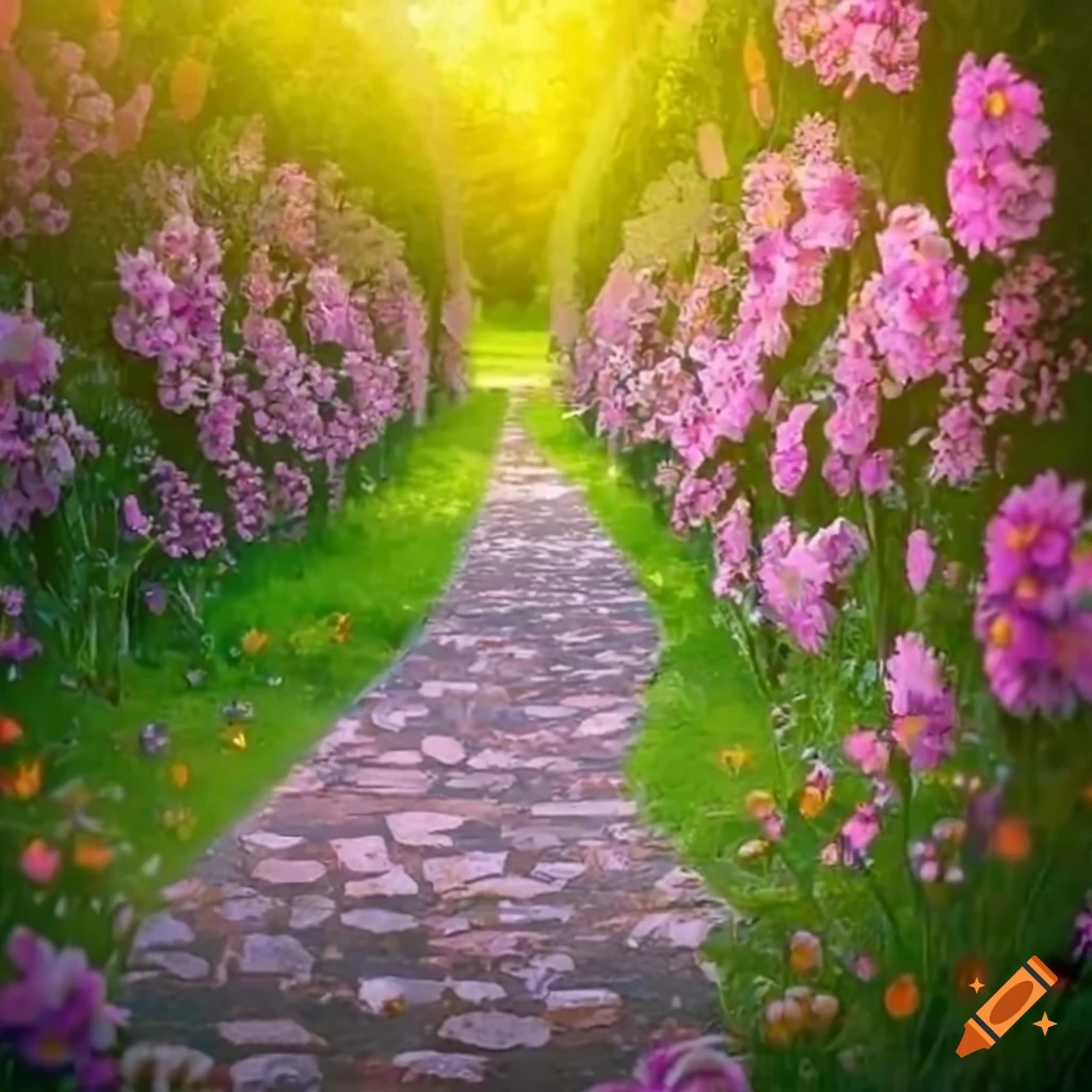 Stone path through a park along a meadow with pink flowers on Craiyon