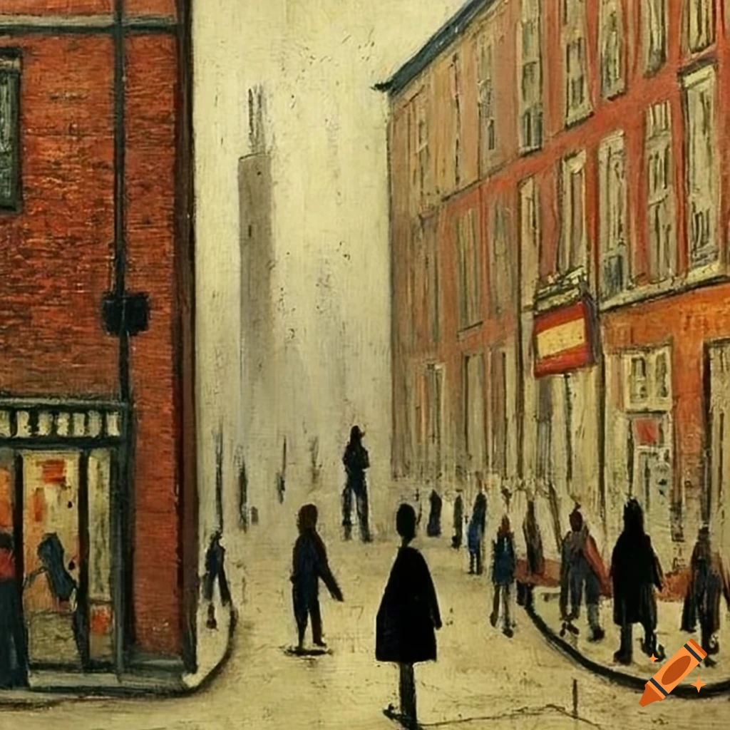Man walking past a store in the style of l s lowry on Craiyon