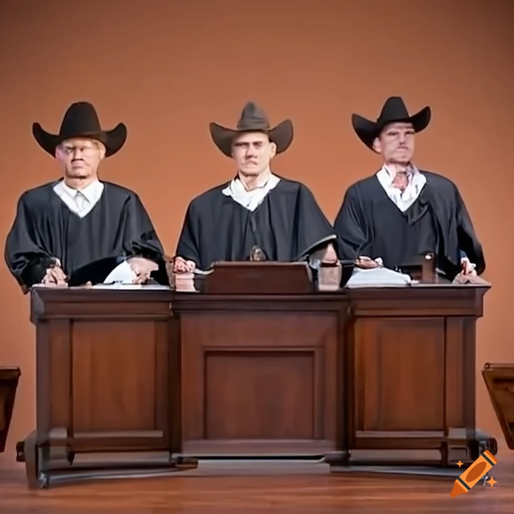 Cowboy judges behind tall podiums at a courthouse on Craiyon