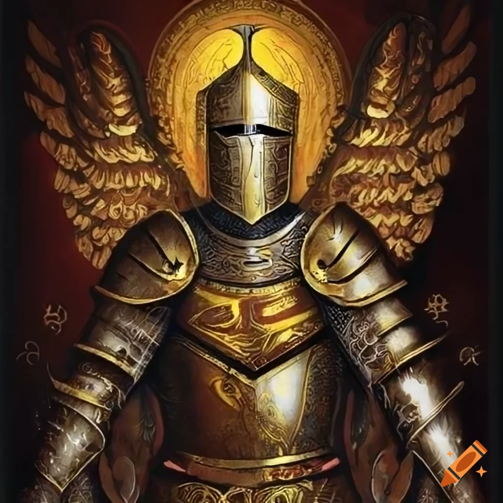 Glorious fallen angel knight in golden byzantine art tarot on Craiyon