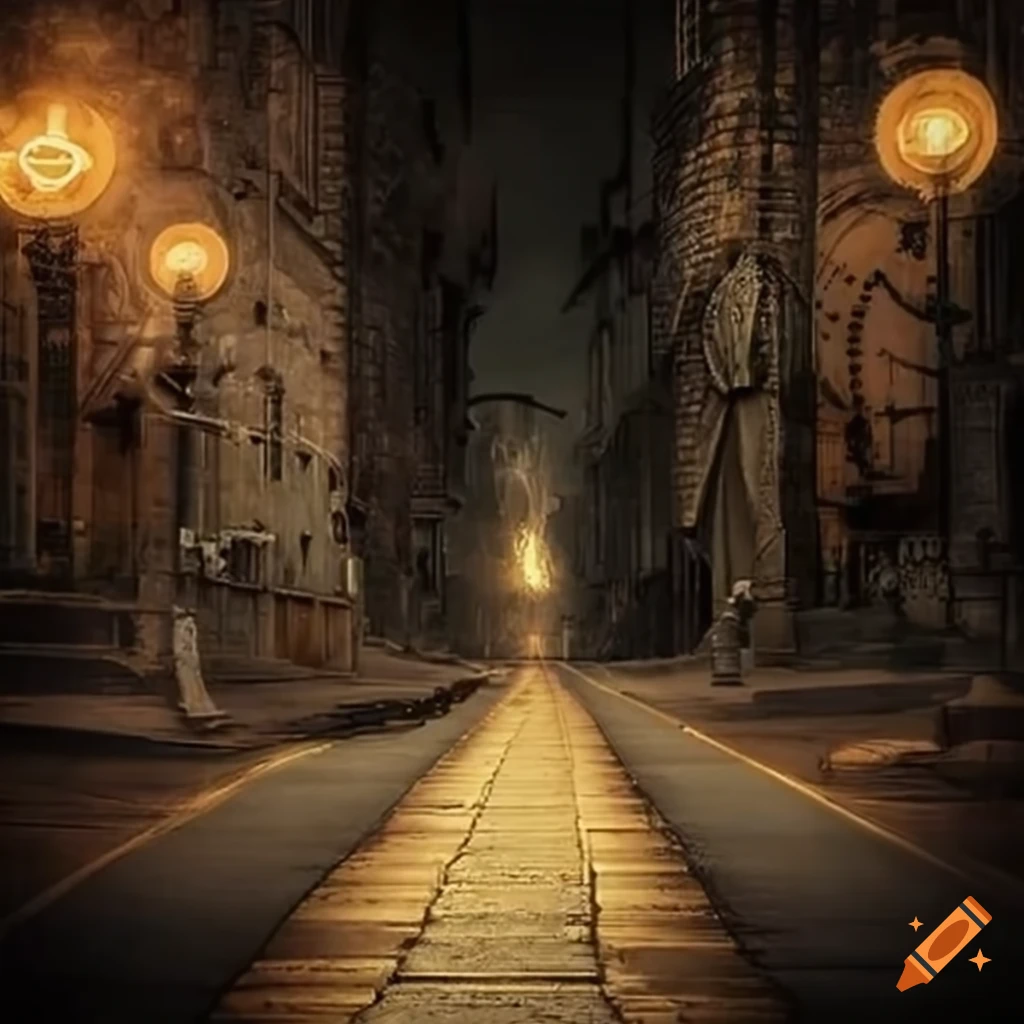 Imaginary dreamy steampunk-themed road on Craiyon