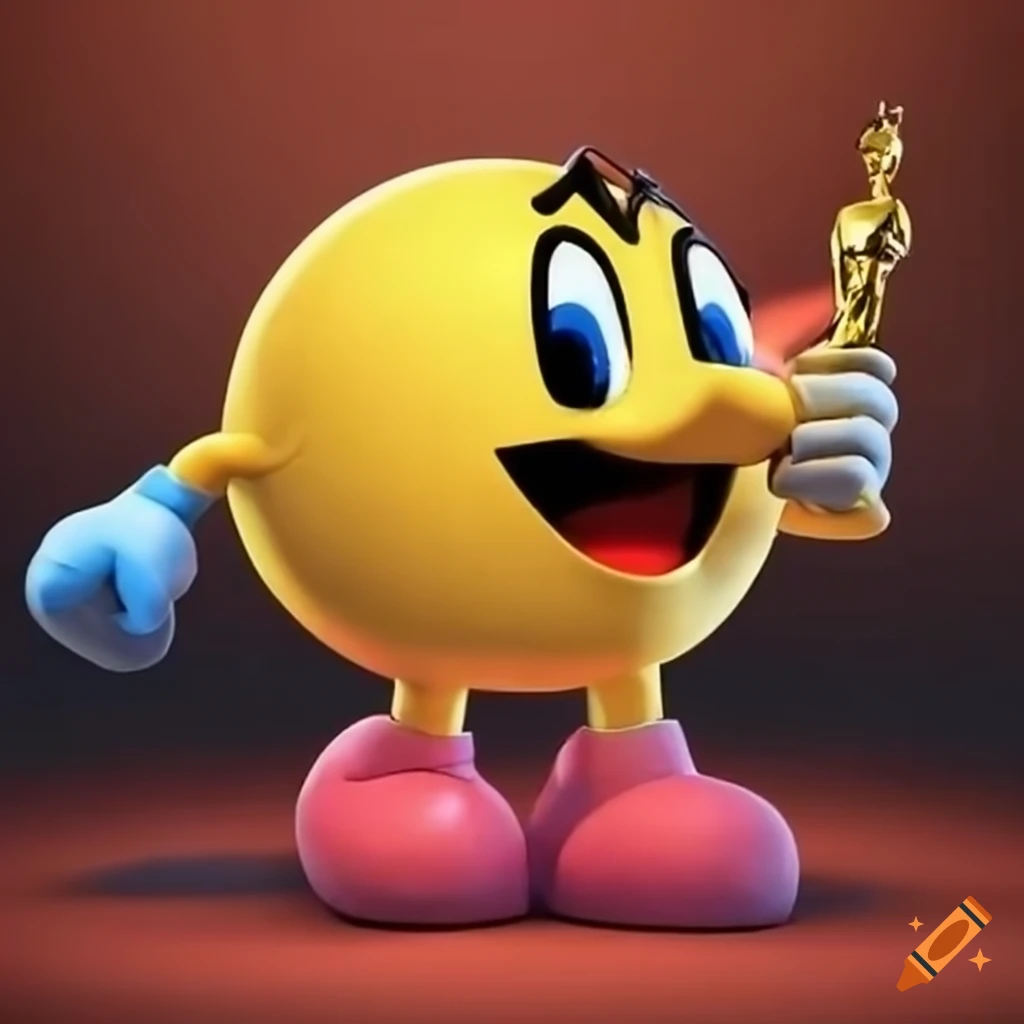 Pac-man receiving an academy award in an iconic gaming scene on Craiyon