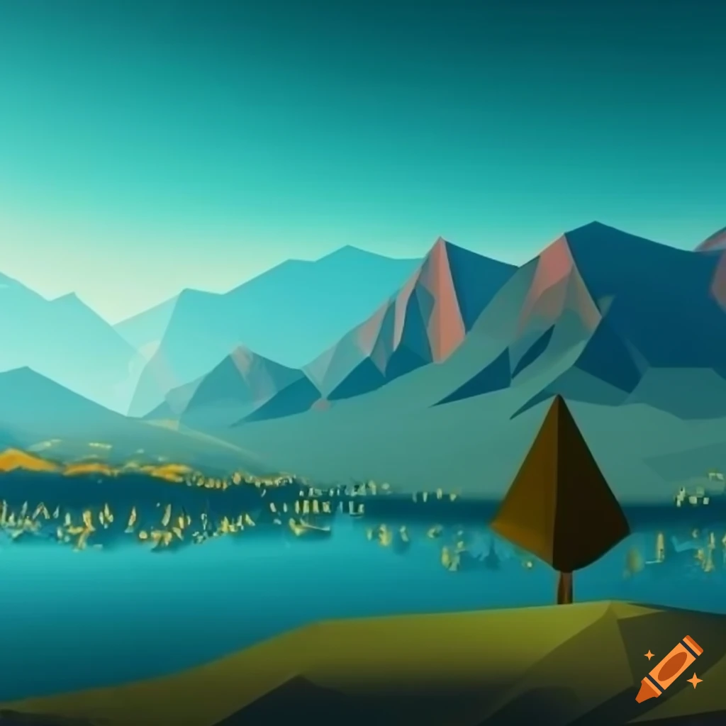 Low poly art of landscapes with trees, rivers, and mountains on Craiyon