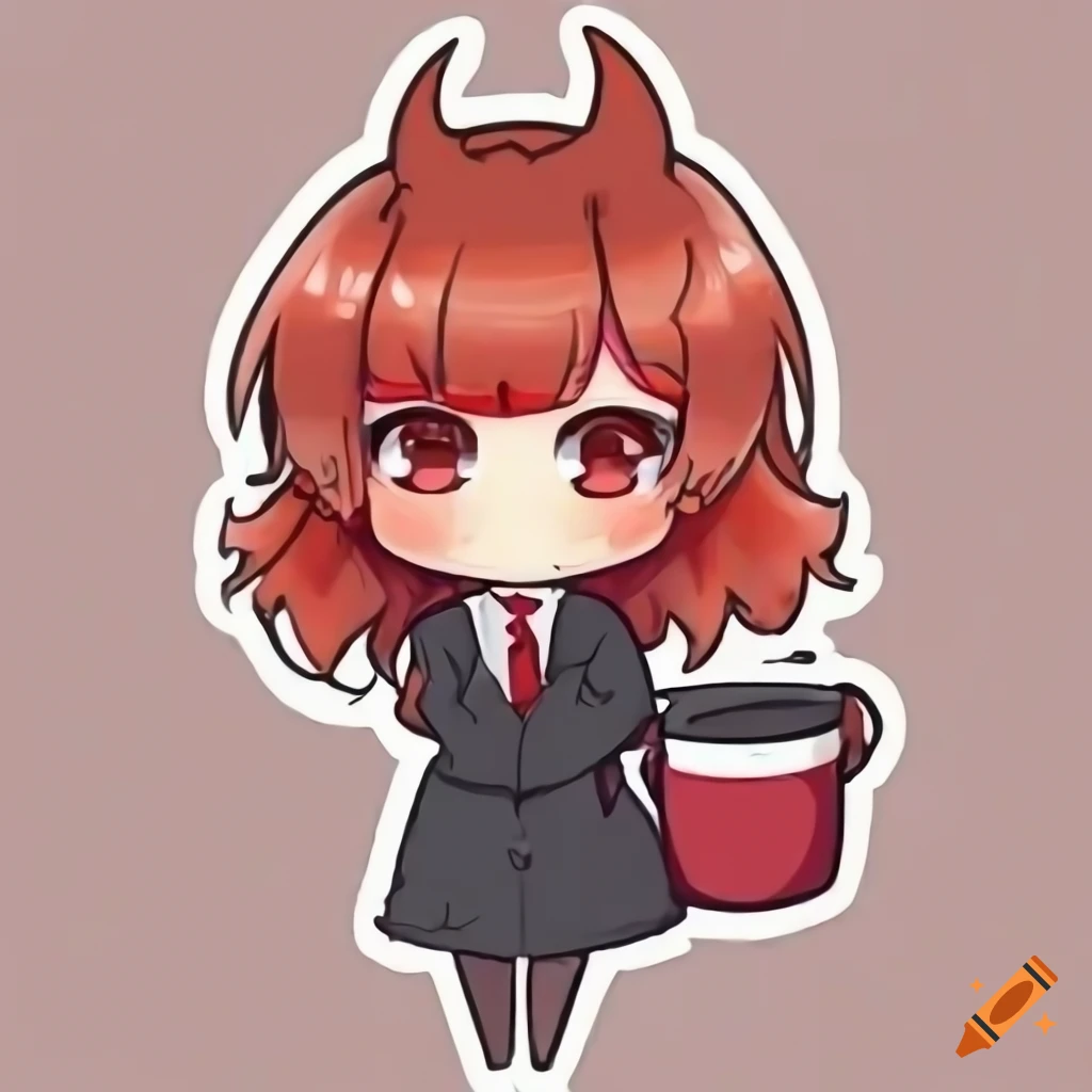 Chibi anime businesswoman with red hair holding a steaming cup on Craiyon