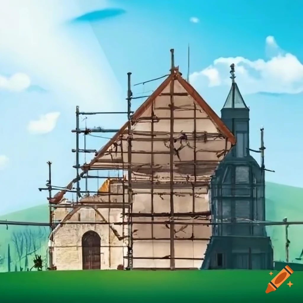 Medieval building under construction with scaffolding in a town ...