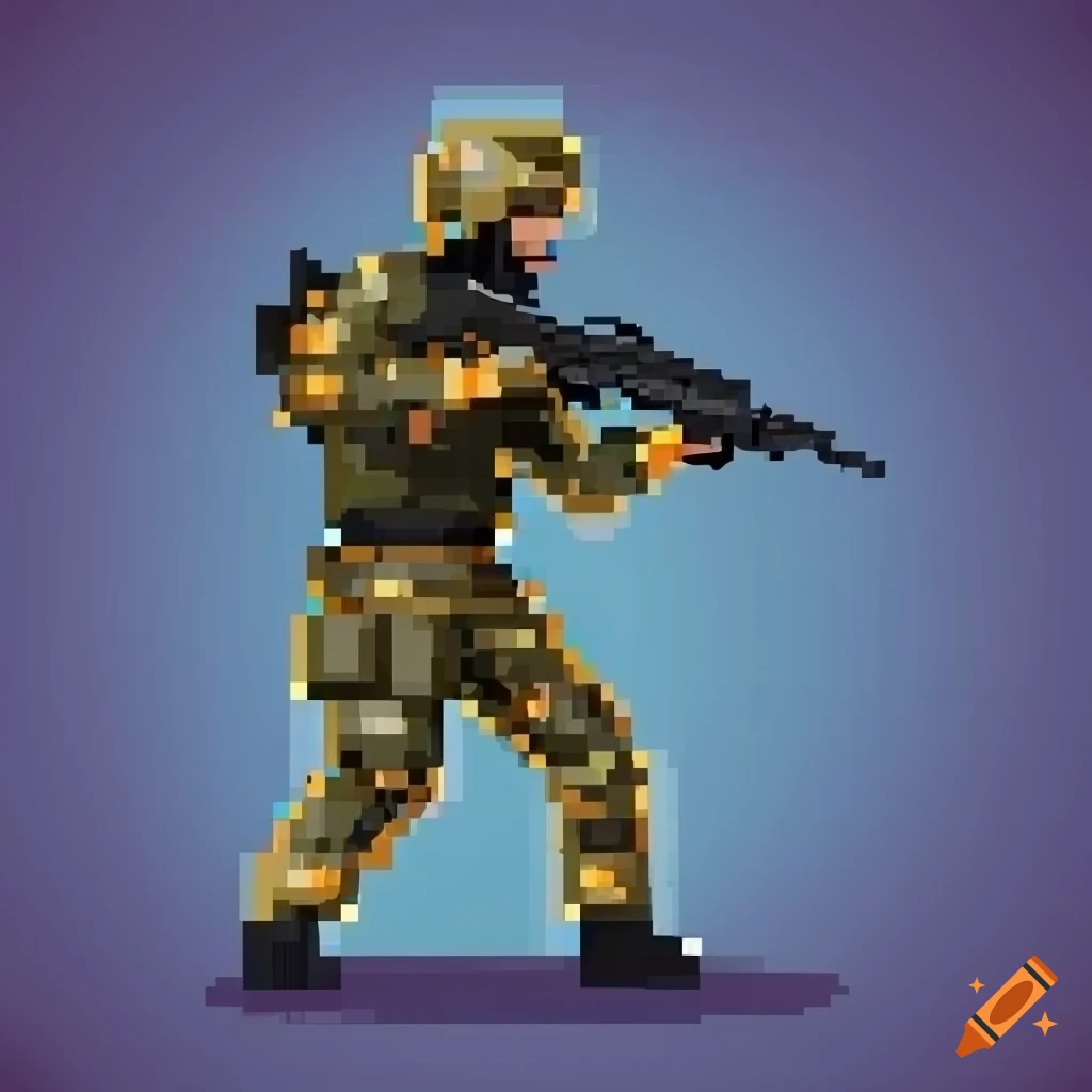 Profile pixel art of a soldier in full-length military uniform on Craiyon