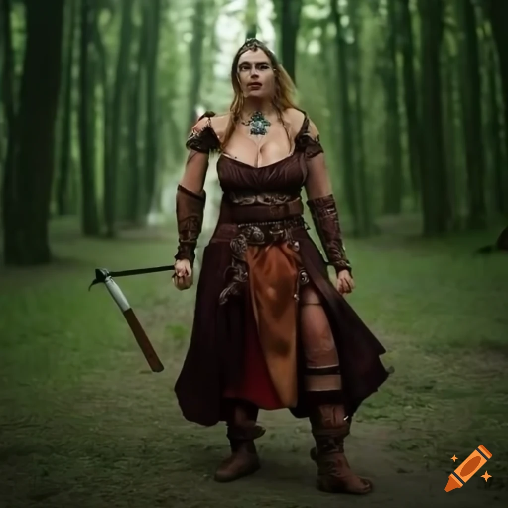 Strong Romanian warrior woman in traditional garb in a forest setting ...