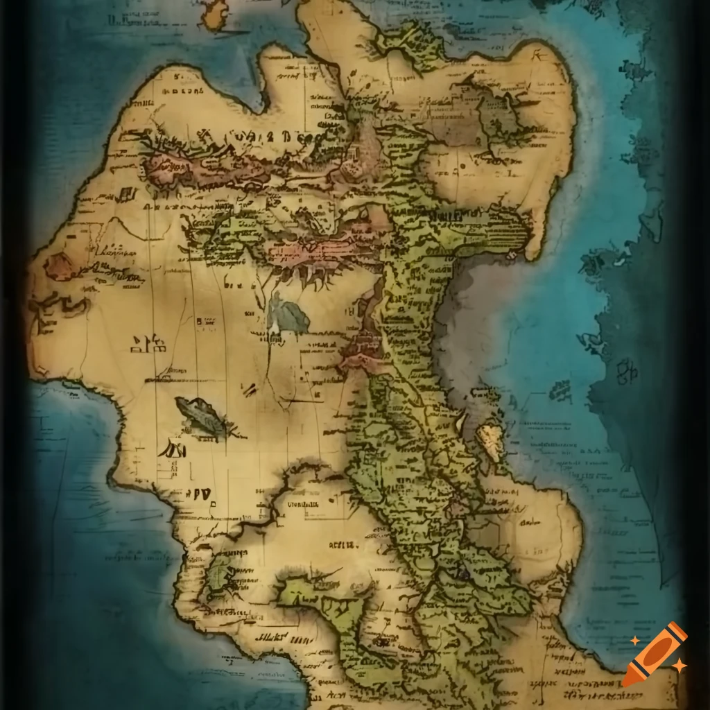 Old atlas map with a small continent in a fantasy setting on Craiyon