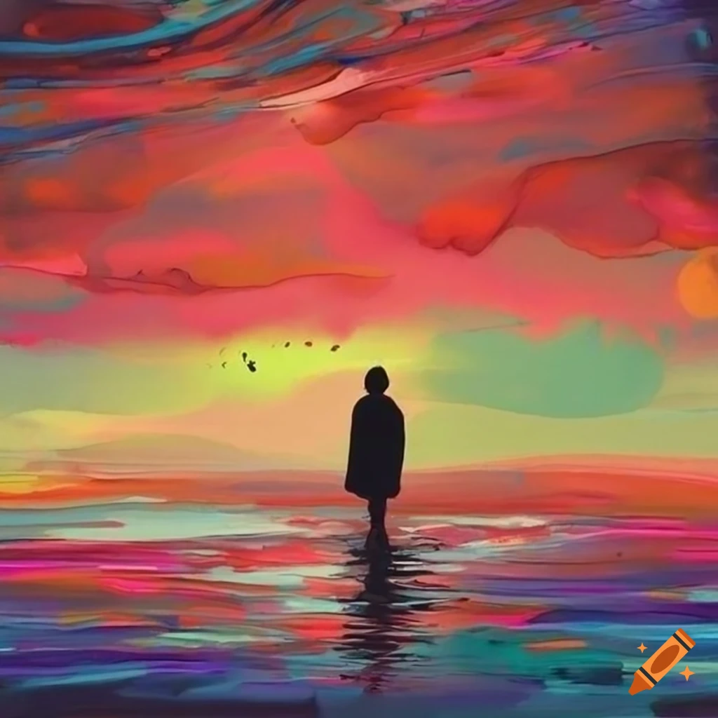 Alone on a wide sea - colorful ink painting on Craiyon