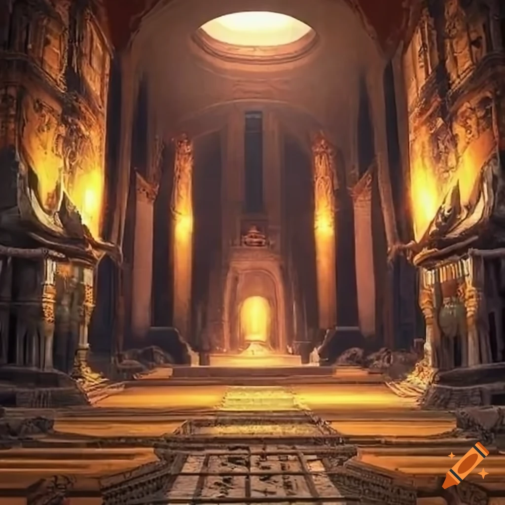 Exploring a big throne hall in ancient underground ruins on Craiyon