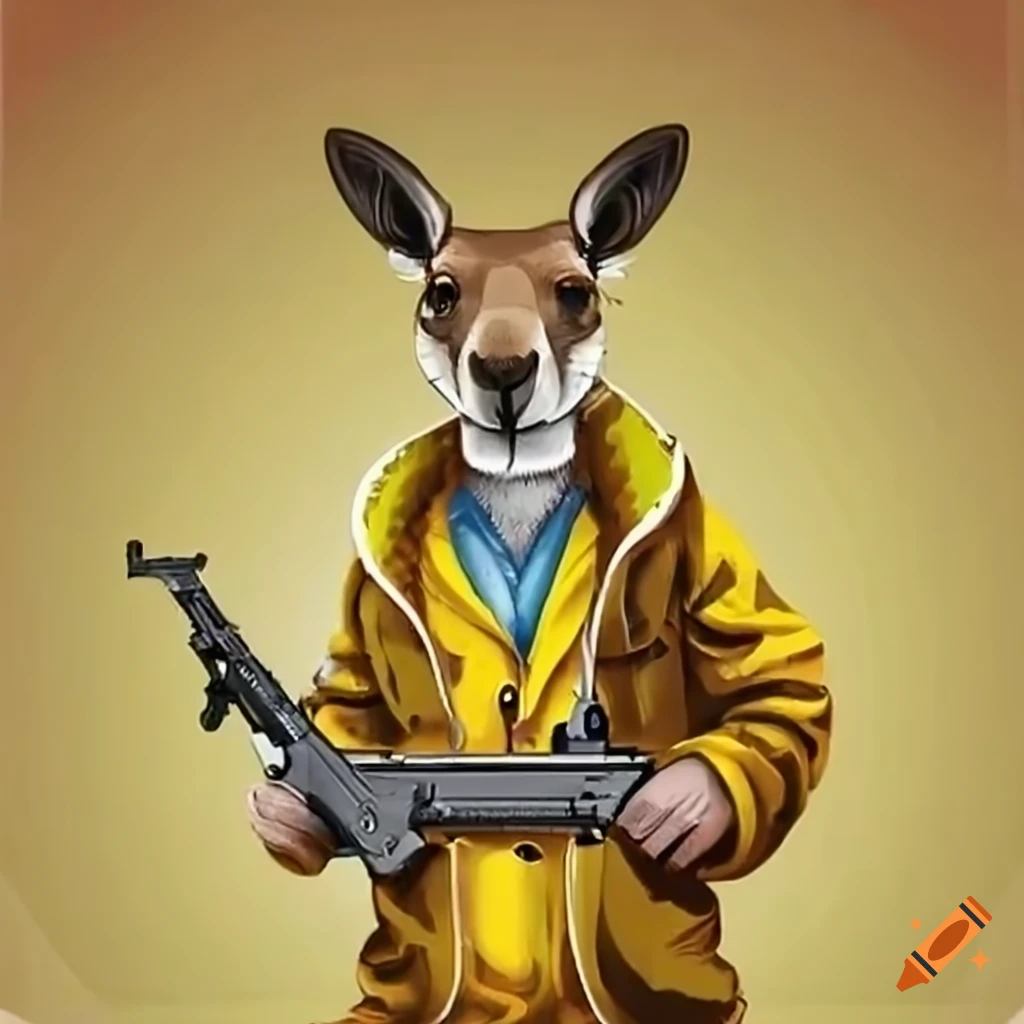 Kangaroo in a yellow jacket holding a gun on Craiyon