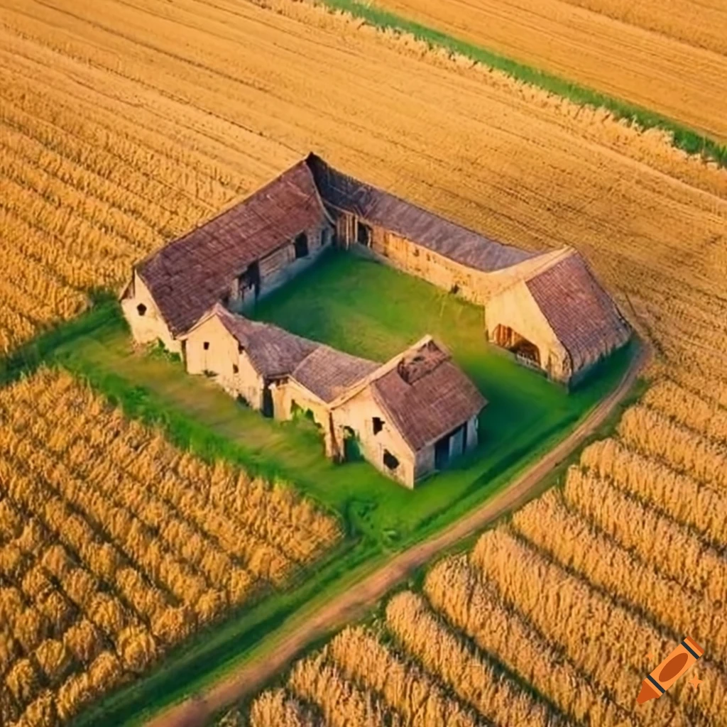 Aerial view of medieval farm surrounded by wheat fields on Craiyon