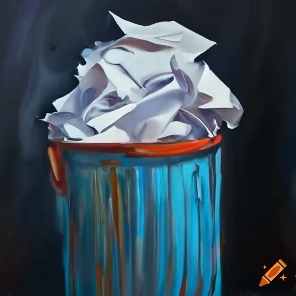 Ball of paper in a trash can with writing difficulties on Craiyon