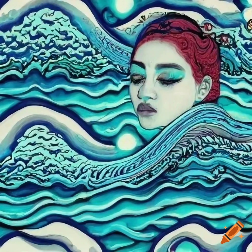 Psychedelic ocean waves in naïve art style on Craiyon