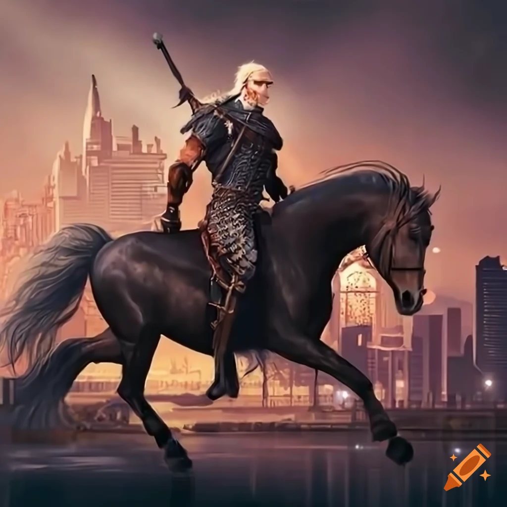 Geralt of rivia riding horse through a modern city on Craiyon