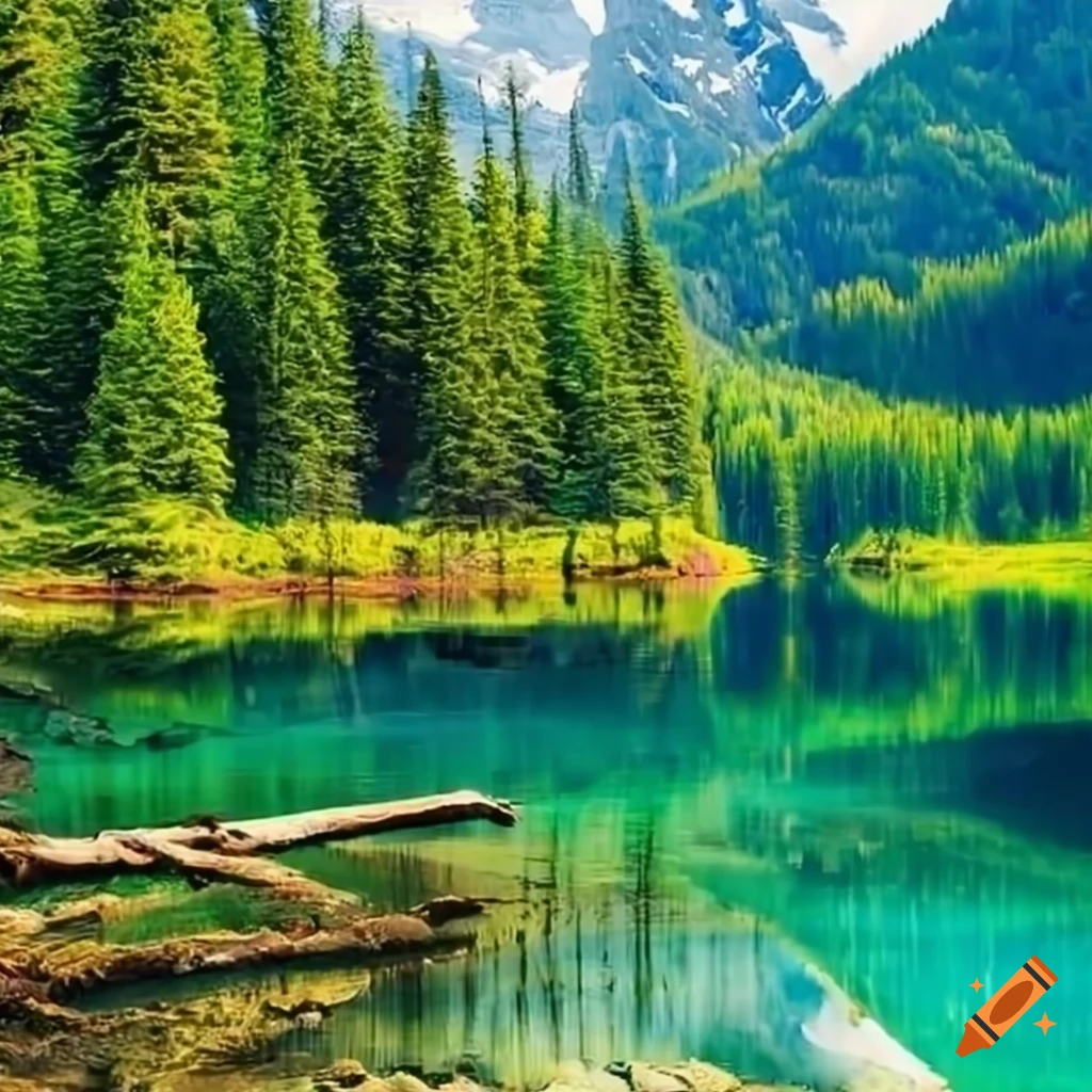 Serene mountain lake surrounded by lush green trees on Craiyon