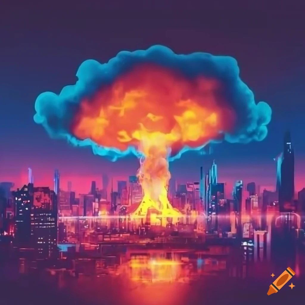 Cyberpunk city skyline with orange mushroom cloud explosion in ...