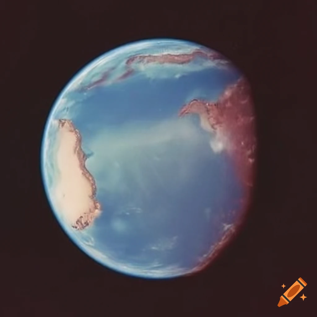 Rocky planet with red vegetation and circular ocean from a 70s space ...