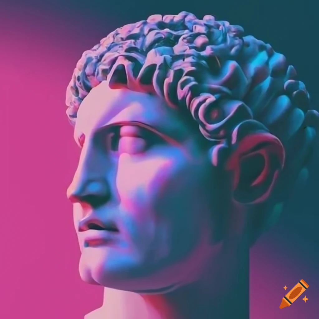Roman bust in a garden with the coliseum in the background, vaporwave ...