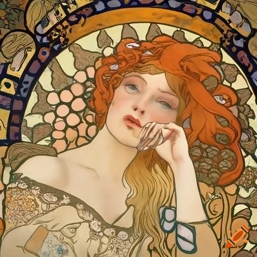 Artistic reinterpretation of The Kiss in the style of Alphonse Mucha on ...