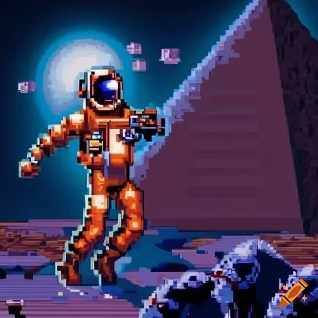 Astronaut Soldiers battling on Alien Pyramids in NES style retro ...