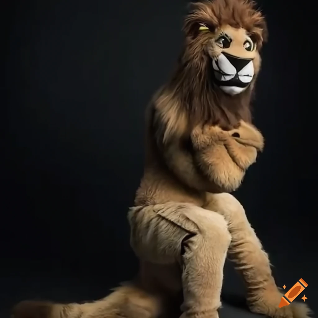 Father crouching while wearing a realistic lion mascot fursuit on Craiyon