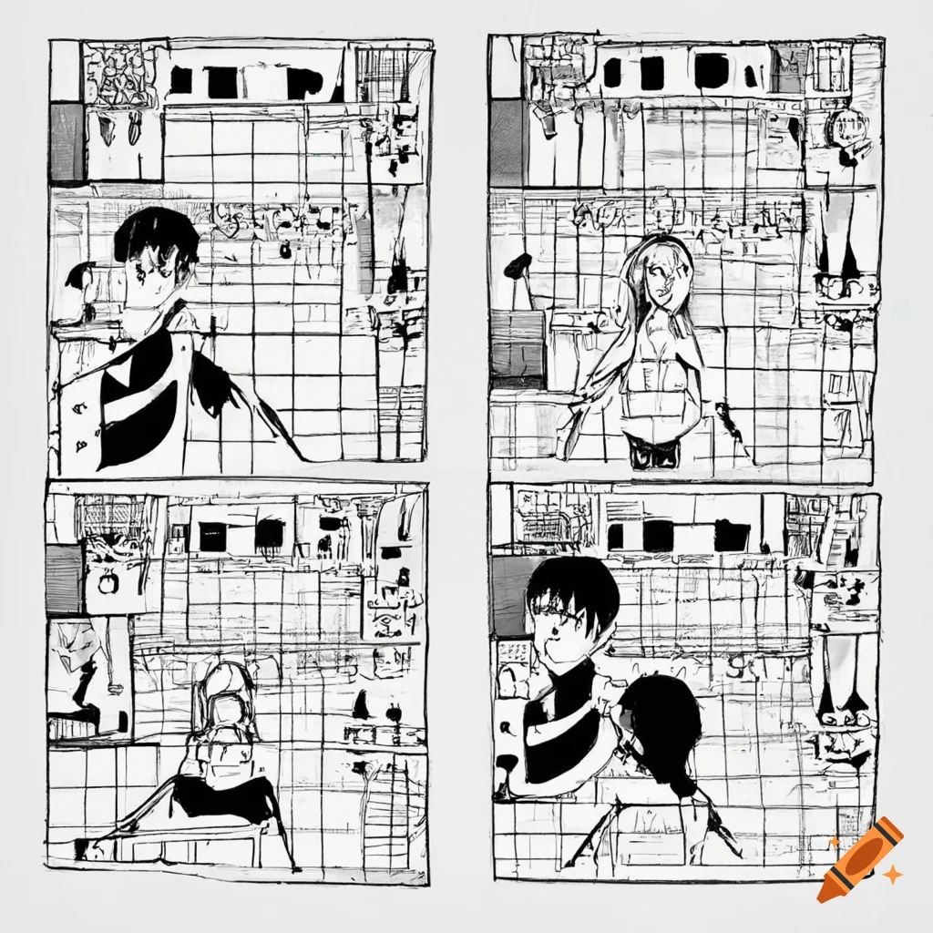 Black and white comic strip on an a4 sheet with four thumbnails on Craiyon