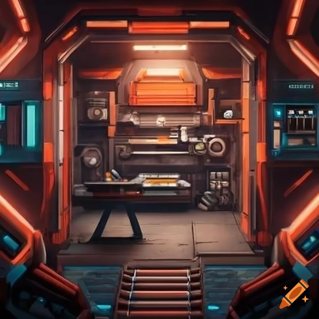 Interior of a futuristic mechanic shop in a science fiction setting on ...