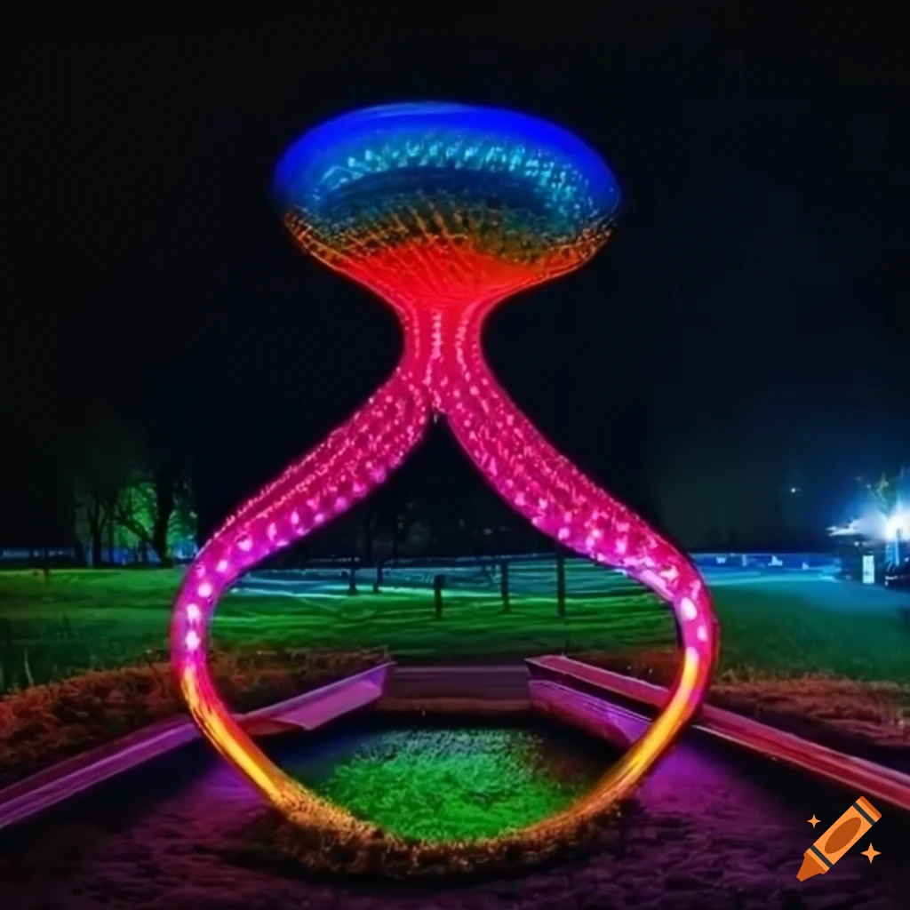 Giant colorful spiral light installation in a park at night on Craiyon